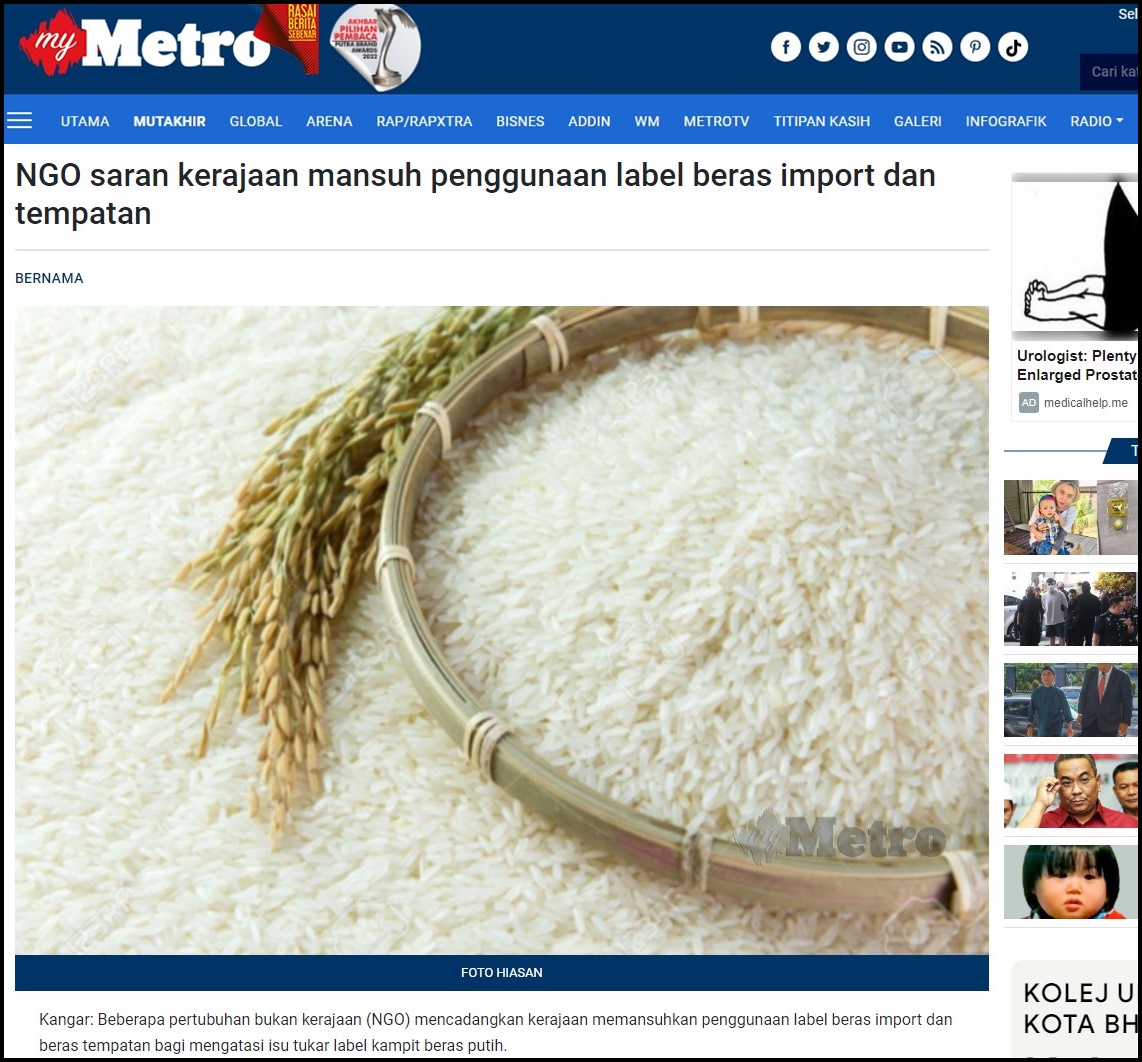 NGO SARAN KERAJAAN MANSUH PENGGUNAAN LABEL BERAS IMPORT DAN TEMPATAN – HARIAN METRO – 18/07/2023 ...