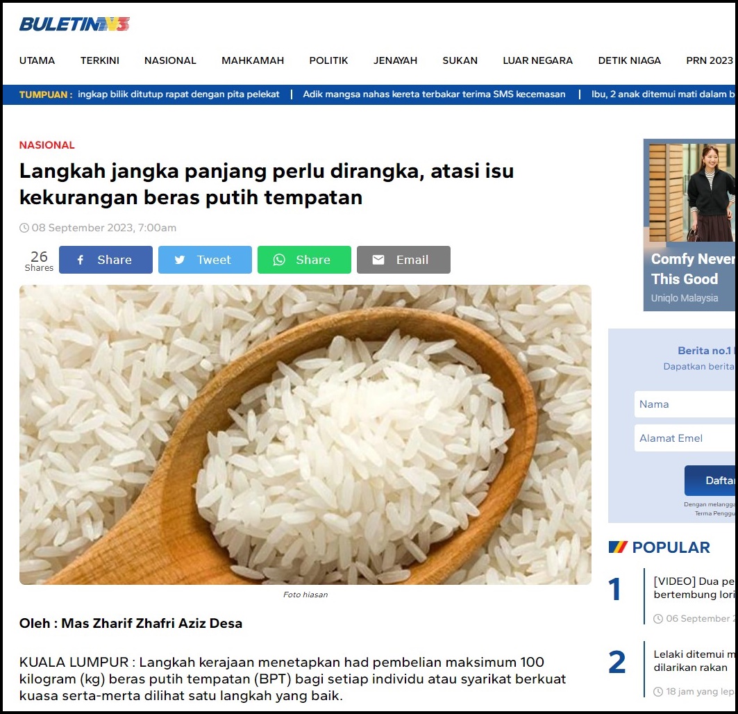 LANGKAH JANGKA PANJANG PERLU DIRANGKA, ATASI ISU KEKURANGAN BERAS PUTIH TEMPATAN – BULETIN TV3 ...