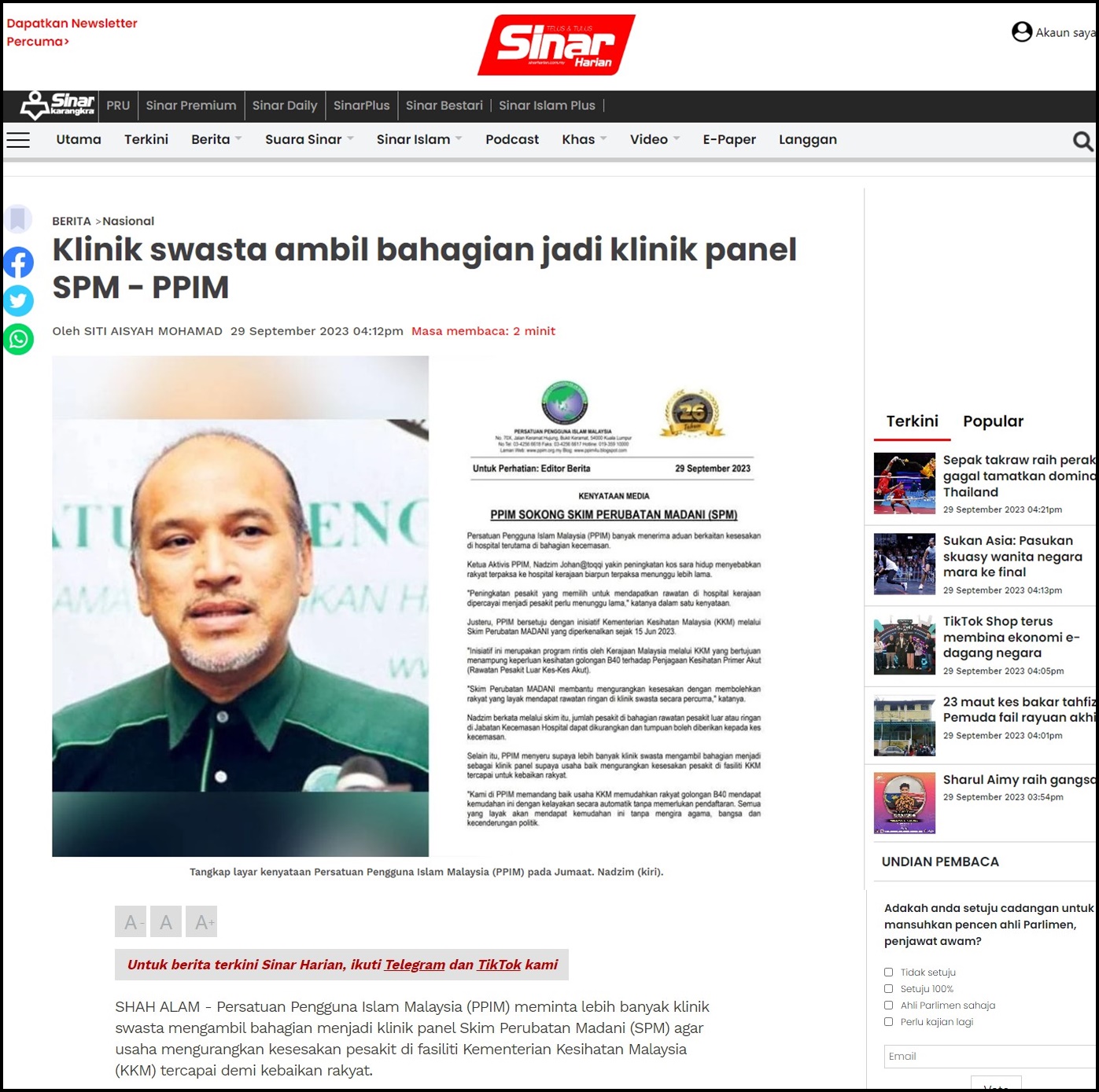 KLINIK SWASTA AMBIL BAHAGIAN JADI KLINIK PANEL SPM – PPIM – SINAR HARIAN – 29/09/2023 ...