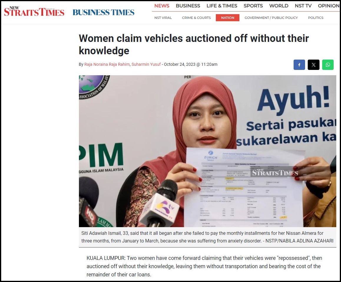 WOMEN CLAIM VEHICLES AUCTIONED OFF WITHOUT THEIR KNOWLEDGE – NEW STRAITS TIMES – 24/10/2023 ...